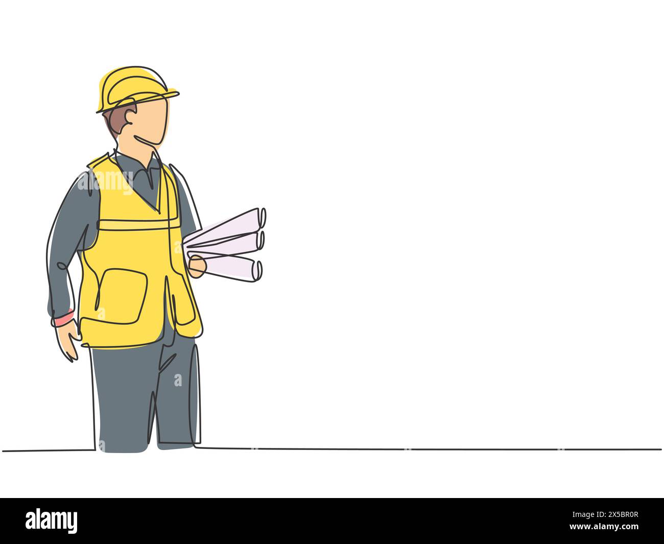 One continuous line drawing of young architect holding roll papers of ...