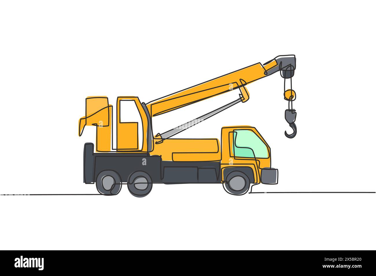 Single continuous line drawing of crane truck for building construction ...