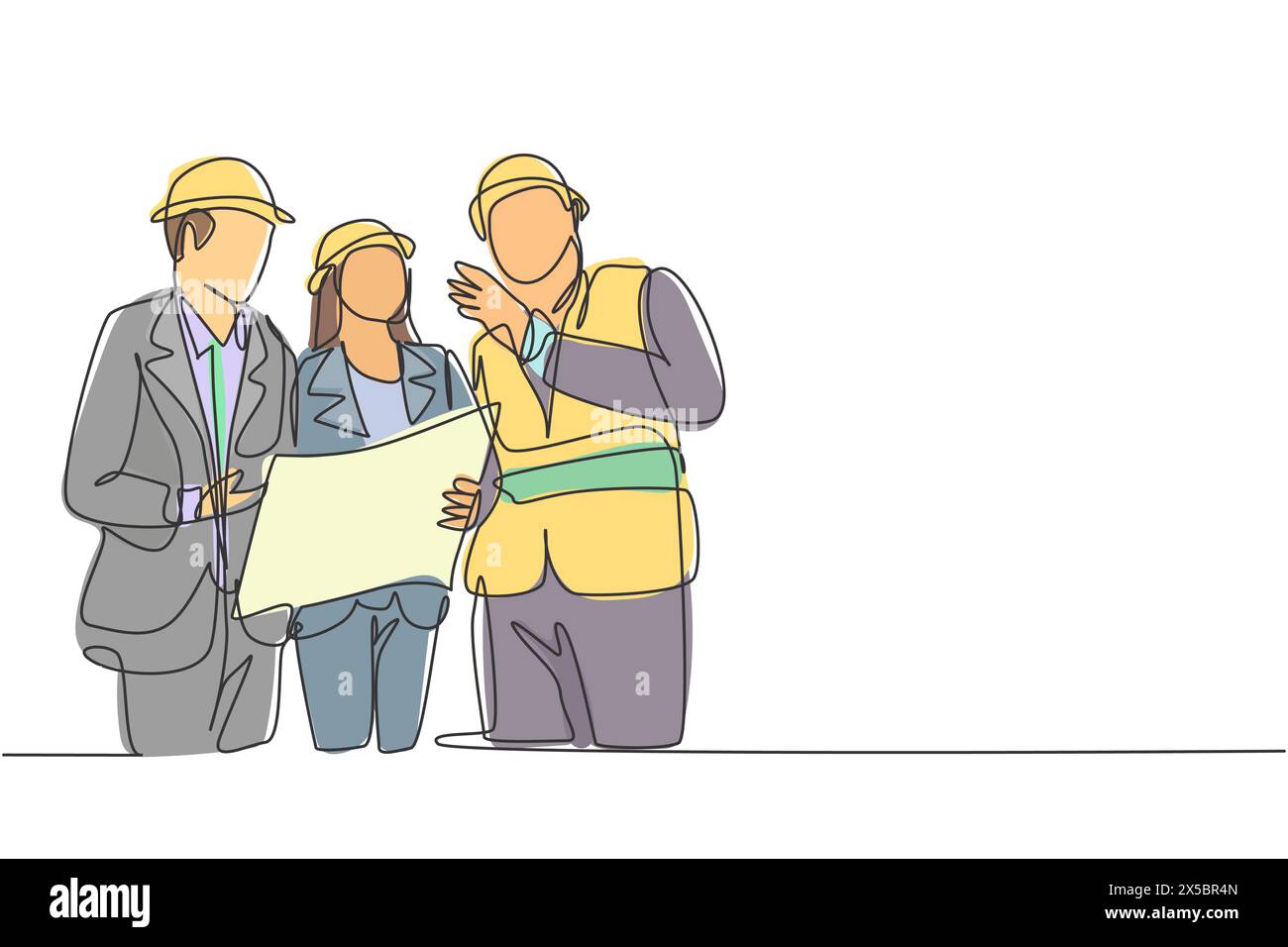 Single continuous line drawing of young architect discussing ...