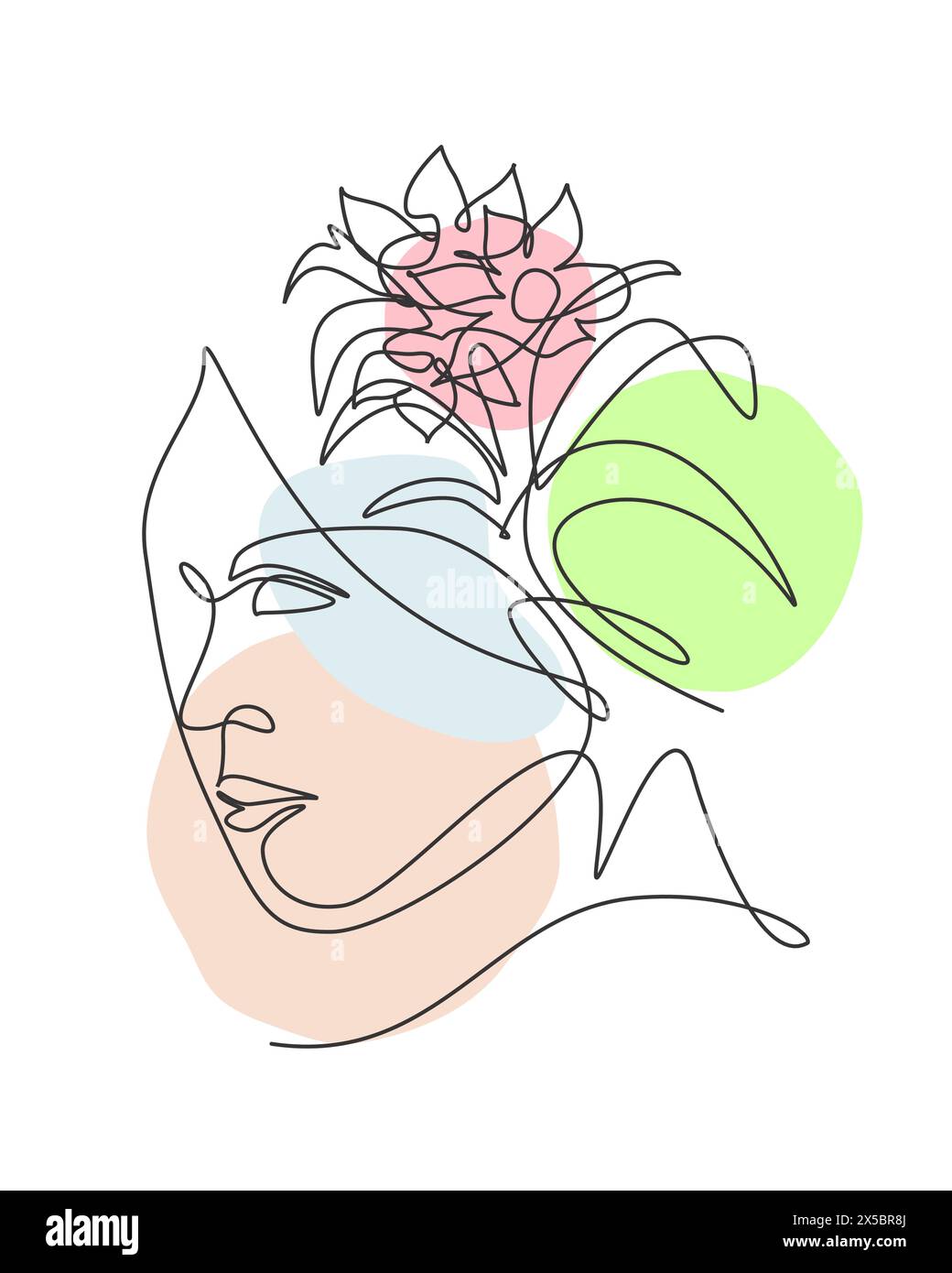 One single line drawing abstract face with natural flowers vector ...