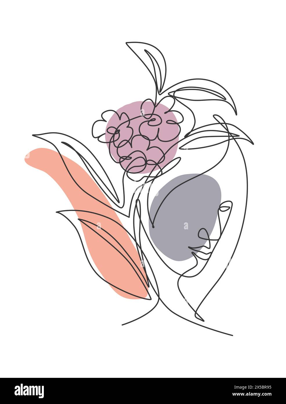 One single line drawing abstract face with natural flowers vector ...