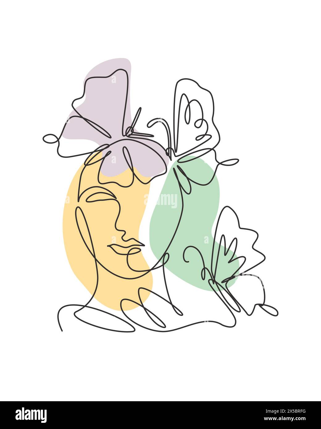 One single line drawing woman with butterfly line art vector ...