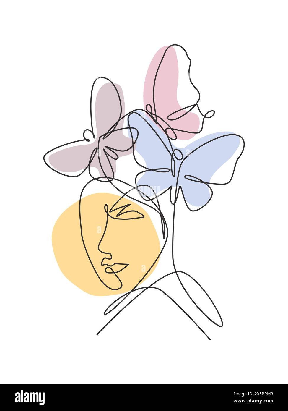 One single line drawing woman with butterfly line art vector ...