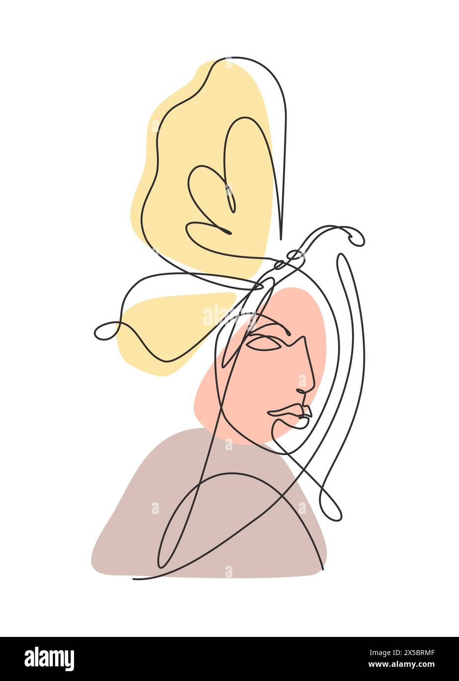 Single continuous line drawing beauty woman with butterfly artwork ...