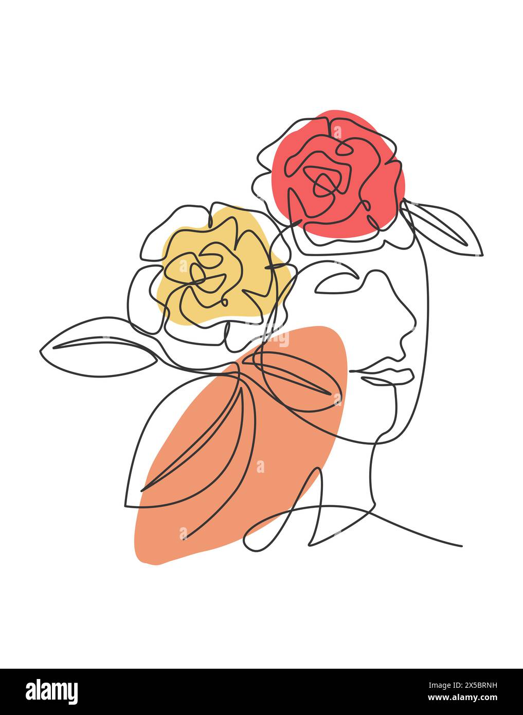 One single line drawing abstract face with natural flowers vector ...