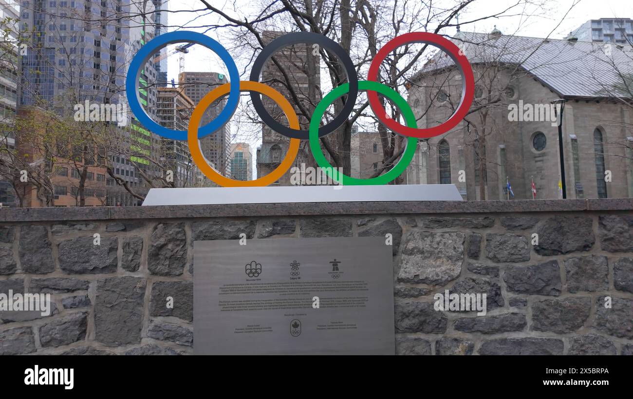 The Olympic rings in front of the Olympic experience center in Montreal ...
