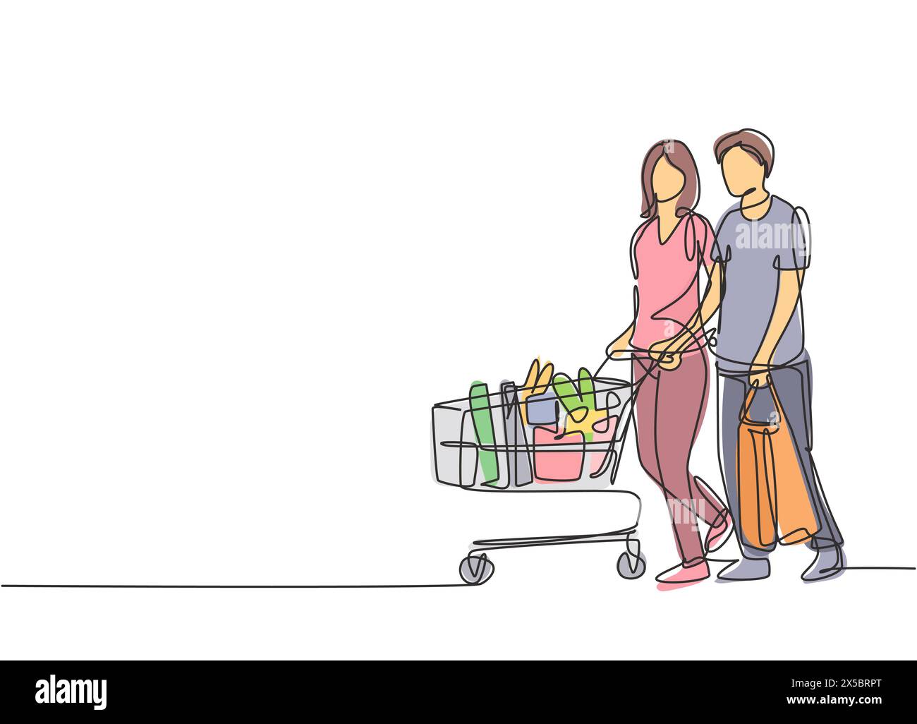 Single continuous line drawing young happy romantic couple pushing ...