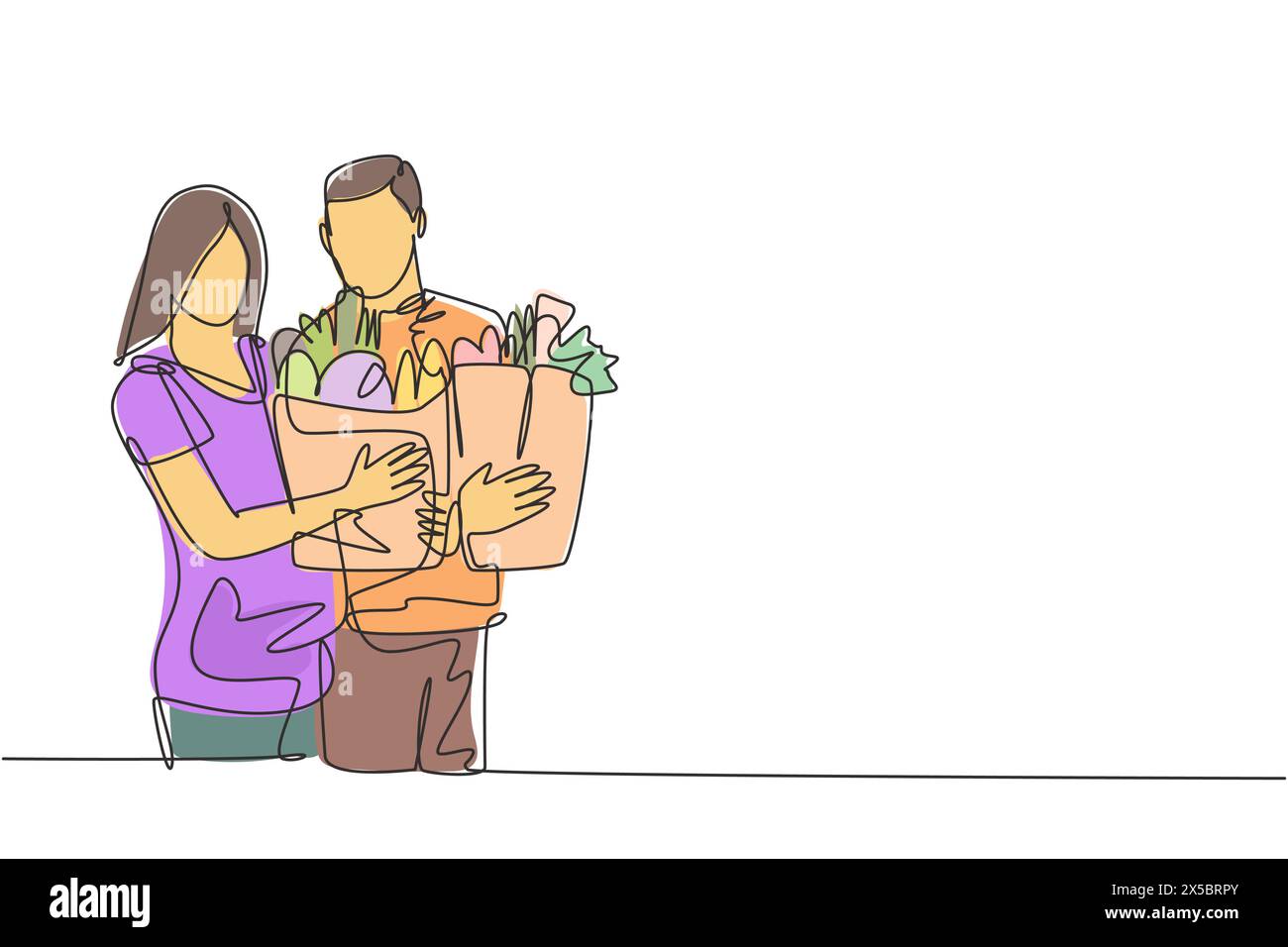 One single line drawing young happy romantic couple holding paper ...