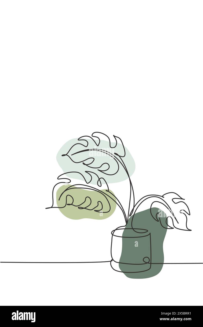 One single line drawing monstera leaf in pot vector illustration ...