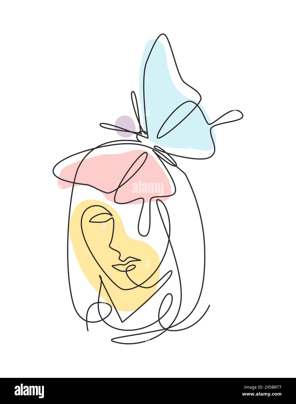 Single continuous line drawing beauty woman with butterfly artwork ...