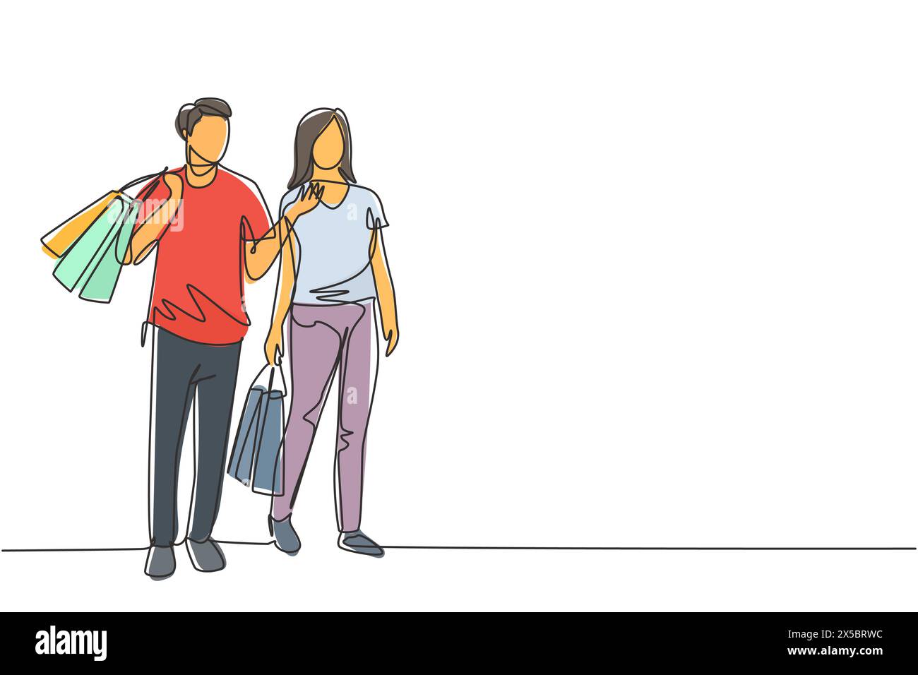 One single line drawing young happy romantic couple walking and ...