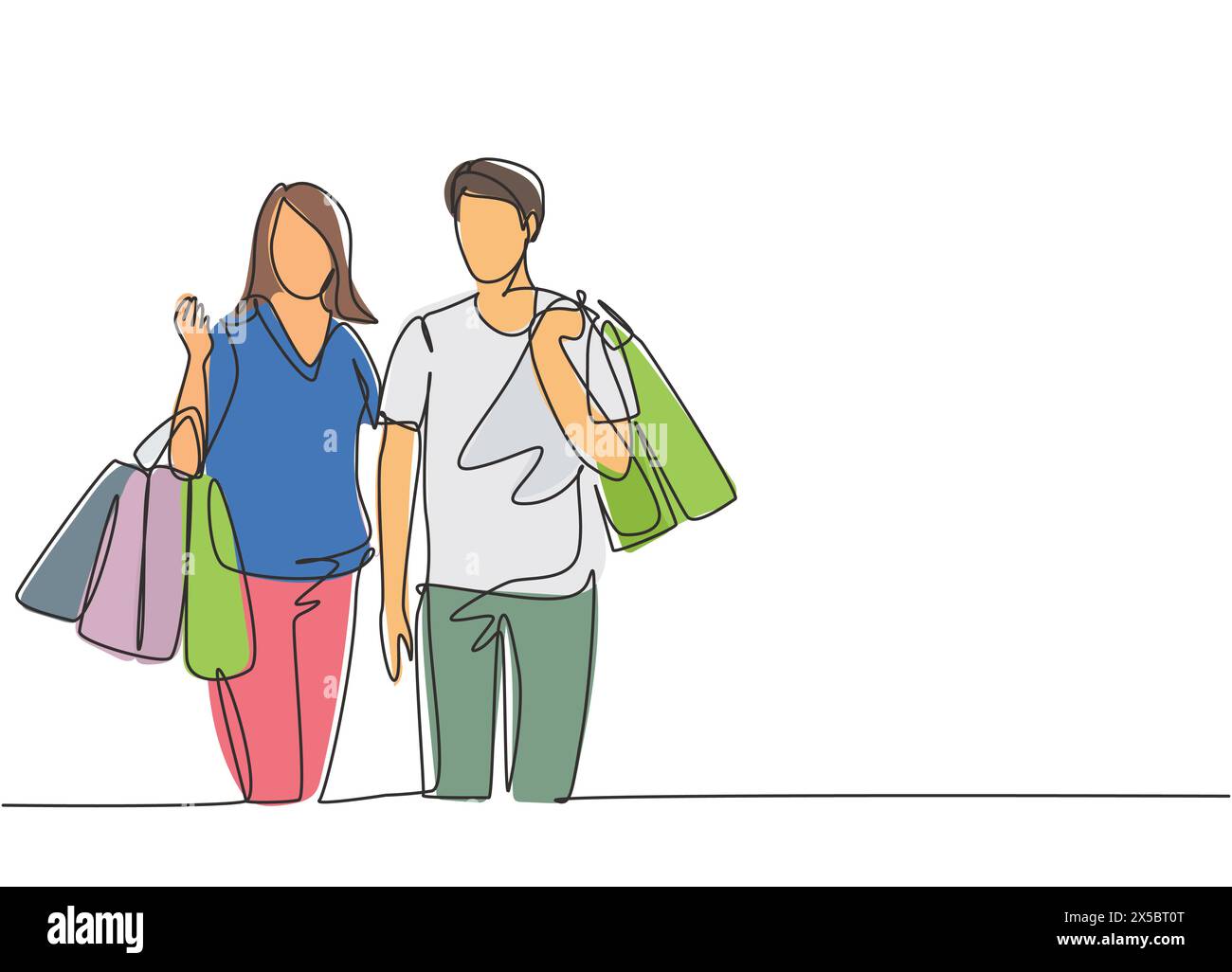 Single continuous line drawing young happy romantic couple holding ...