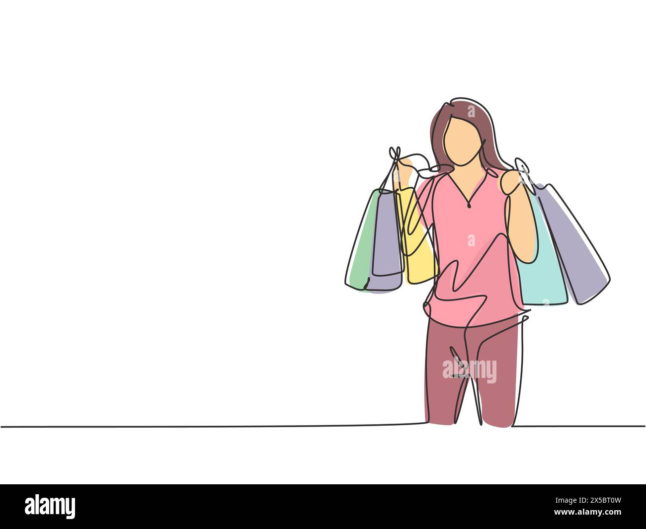 One single line drawing young happy beauty woman holding paper bags after buying dress, fashion ...