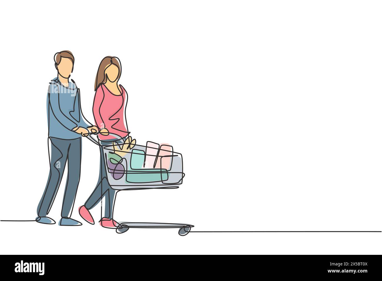 One continuous line drawing young happy romantic couple pushing trolley ...