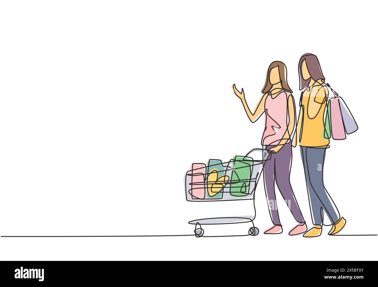 One continuous line drawing two happy friend women pushing trolley and ...