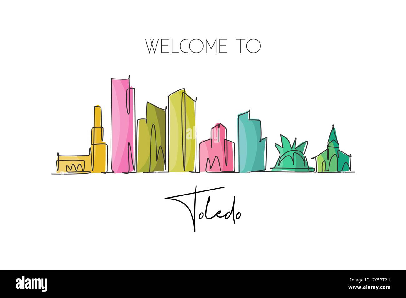 Single continuous line drawing of Toledo city skyline, Ohio. Famous ...