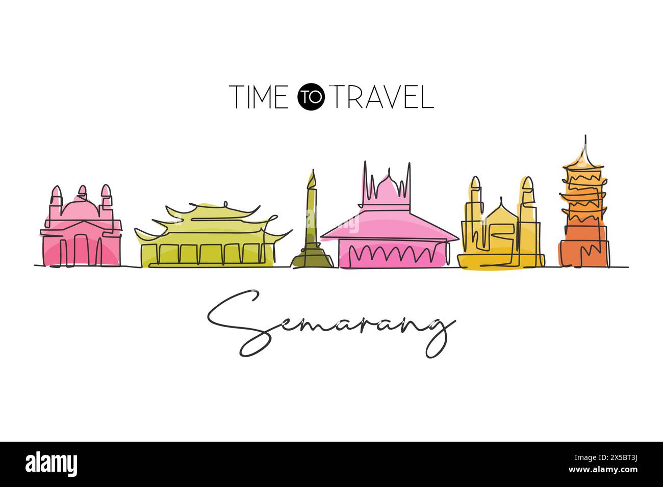 One single line drawing of Semarang city skyline, Java, Indonesia. Town ...