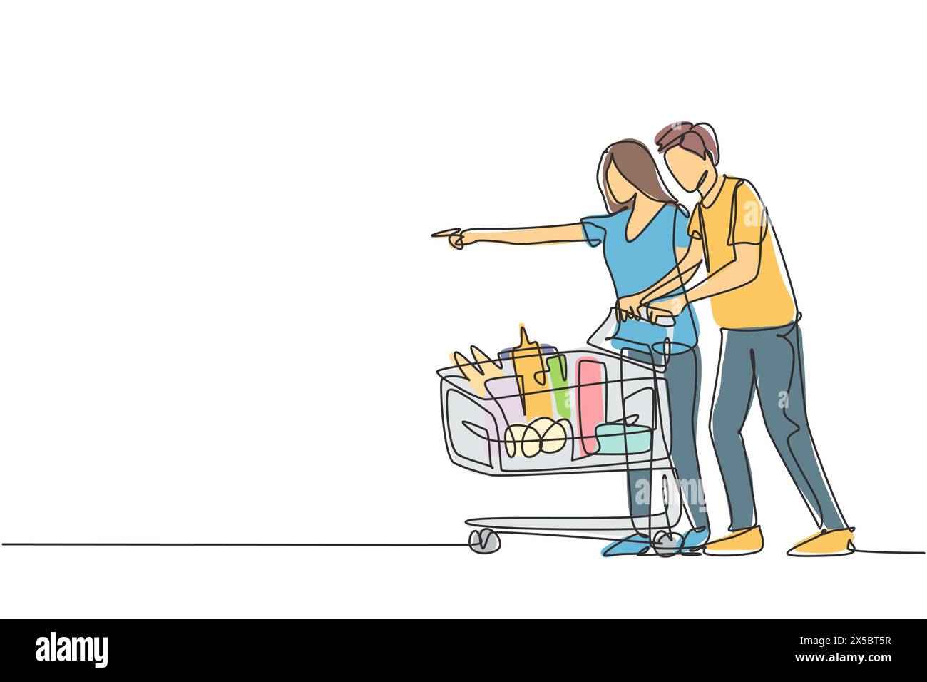 Single continuous line drawing happy young couple pushing trolley when ...