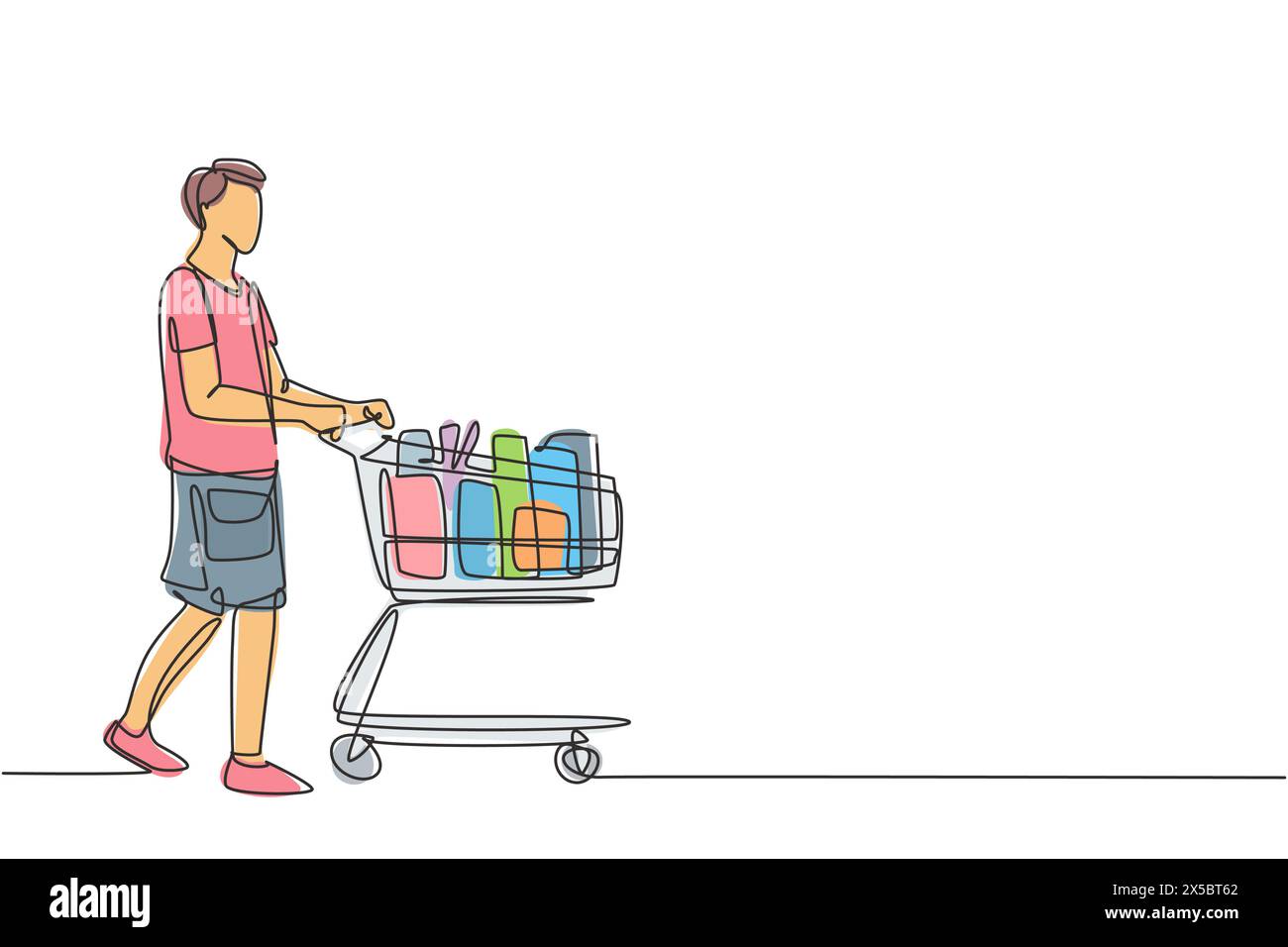 One single line drawing young happy man pushing trolley buying milk ...