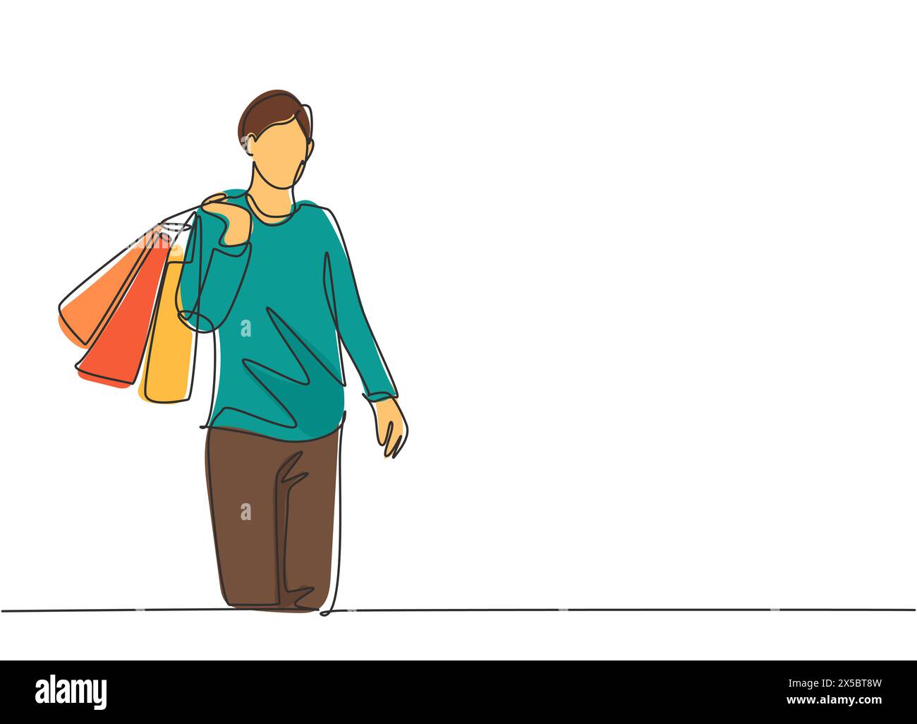 One single line drawing young happy attractive man holding paper bags ... One single line drawing young happy attractive man holding paper bags ...