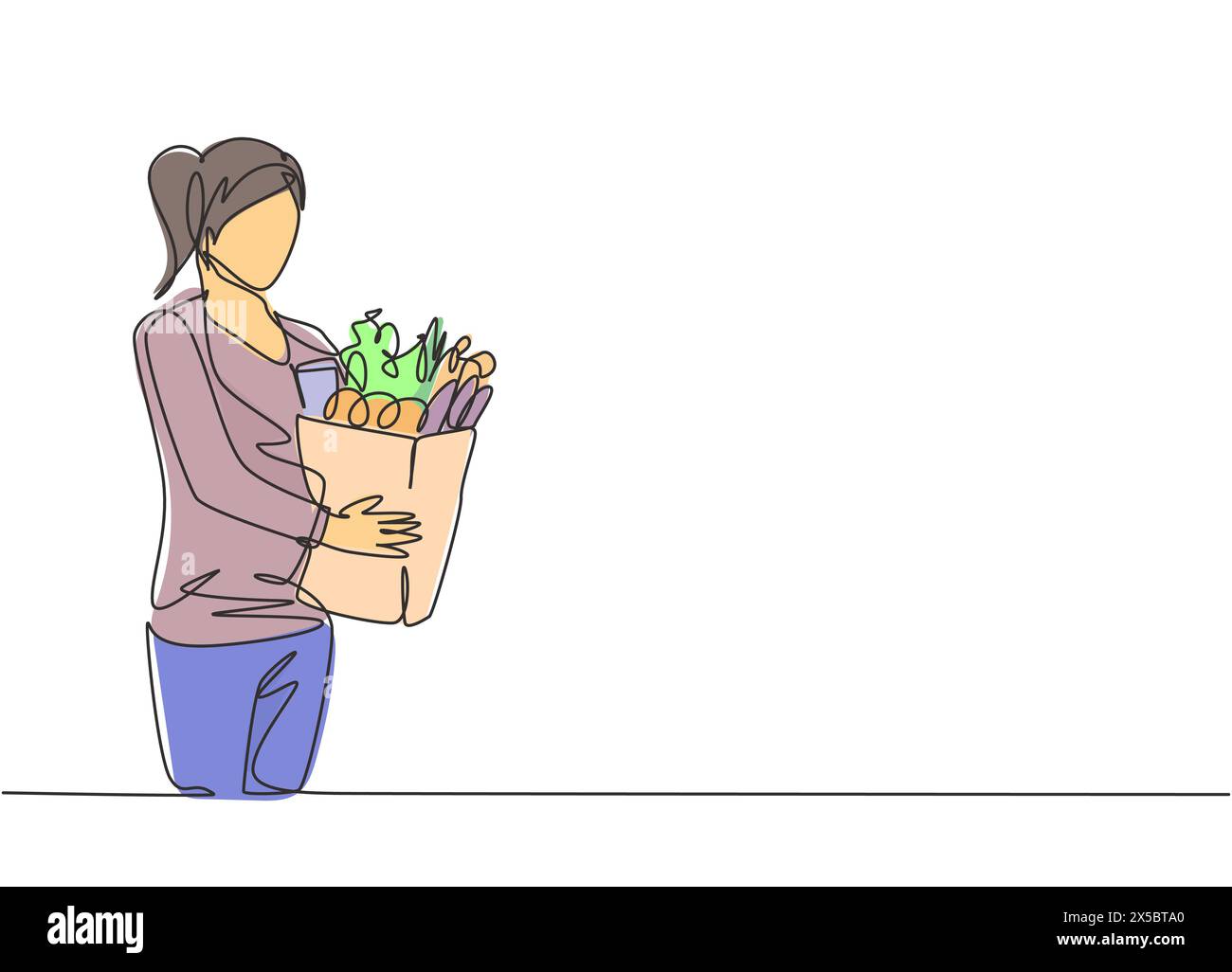 One single line drawing young happy woman holding grocery paper bag ...