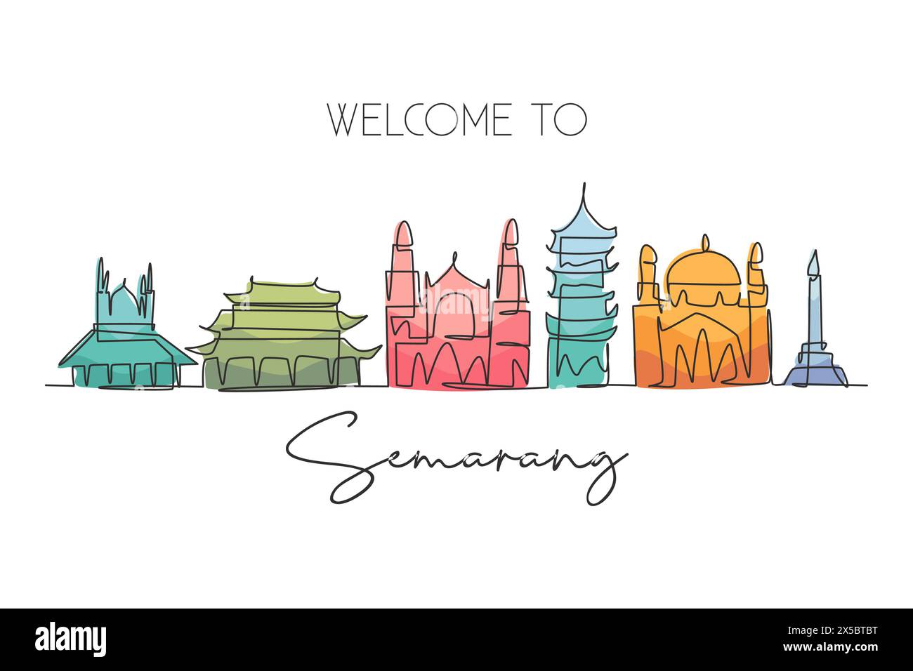Single continuous line drawing of Semarang city skyline, Central Java Indonesia. Famous city for ...