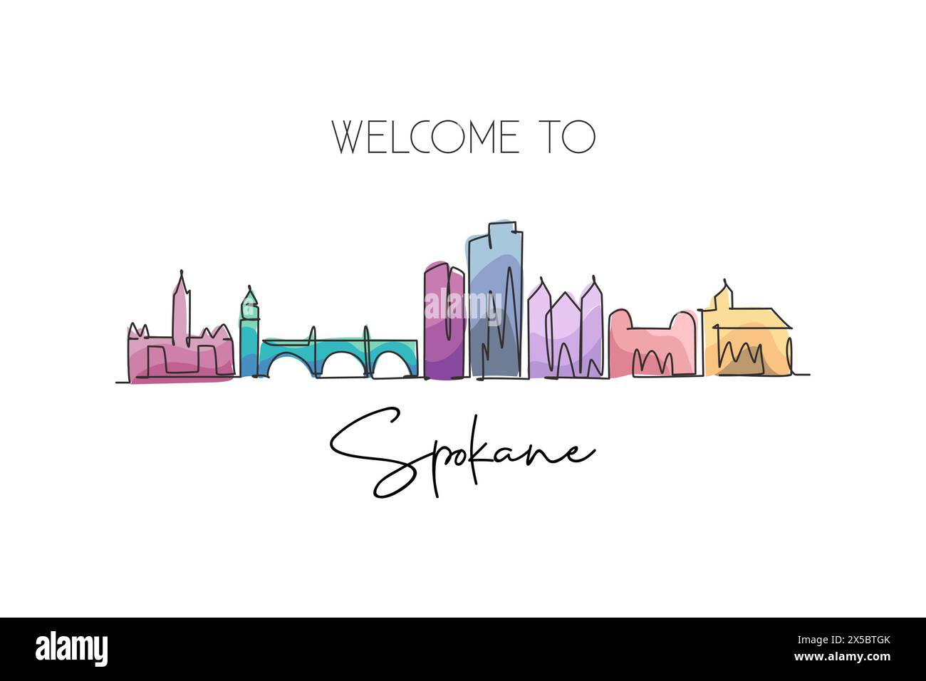 Single continuous line drawing of Spokane city skyline, Washington ...