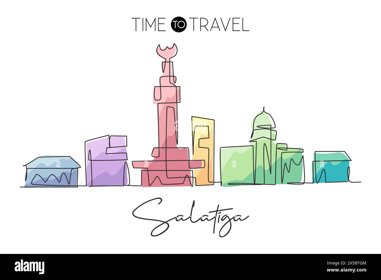 Single continuous line drawing of Salatiga city skyline, Central Java ...