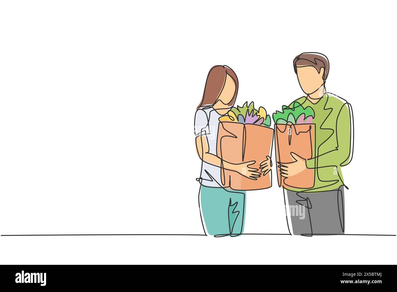 Single continuous line drawing young happy couple holding grocery paper ...