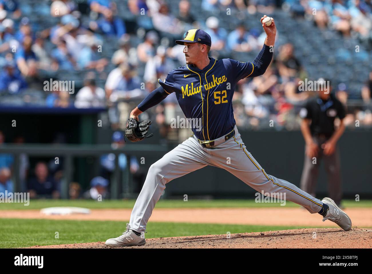 Kansas City, MO, USA. 8th May, 2024. Milwaukee Brewers relief pitcher ...
