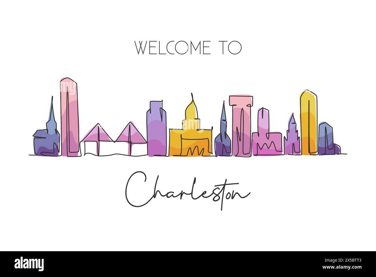 One single line drawing Charleston city skyline South Carolina. World ...