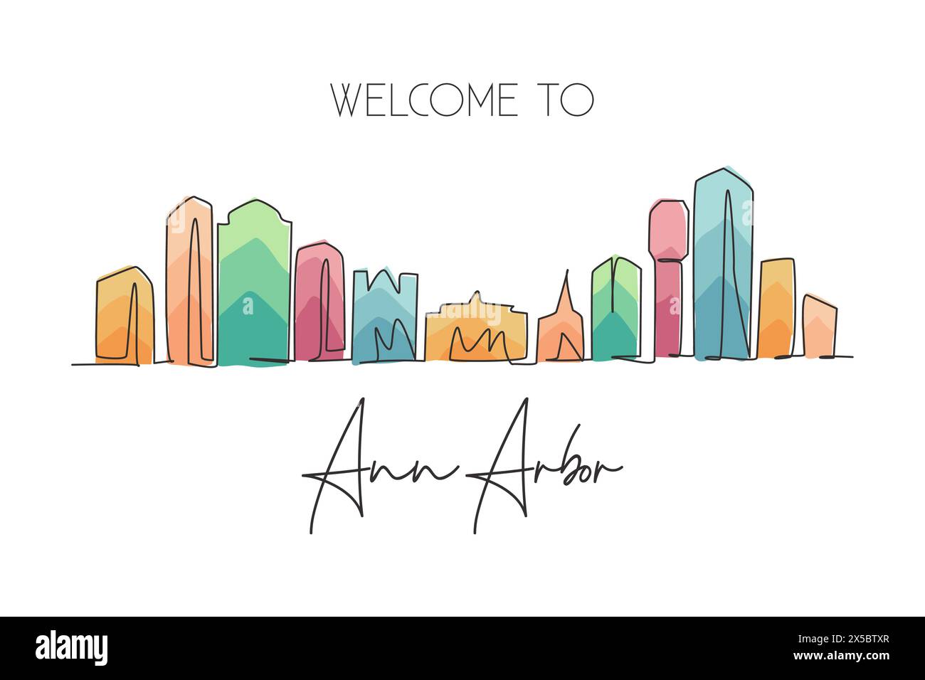 One continuous line drawing of Ann Arbor city skyline, Michigan ...