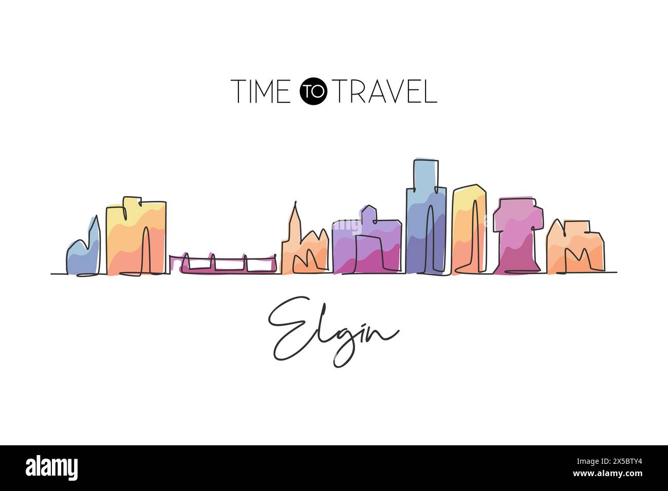 One continuous line drawing Elgin city skyline, Illinois. Beautiful ...