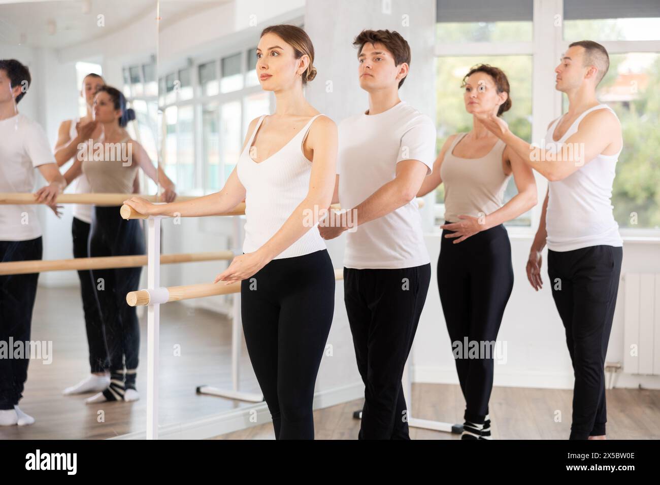 Ballet students practicing basic positions at barre with instructor ...