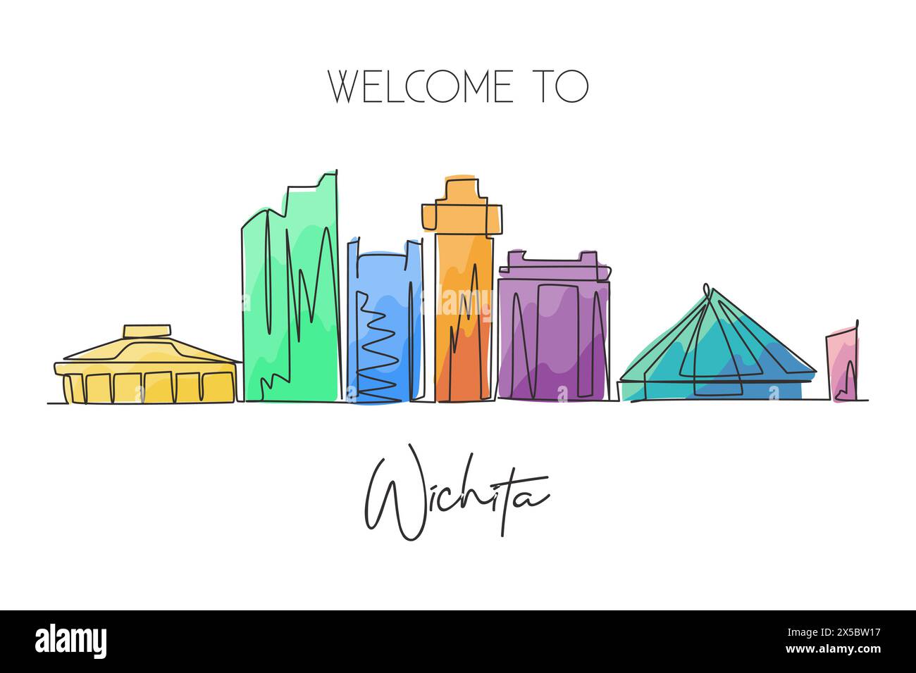 One single line drawing of Wichita city skyline, Kansas, USA. Town ...