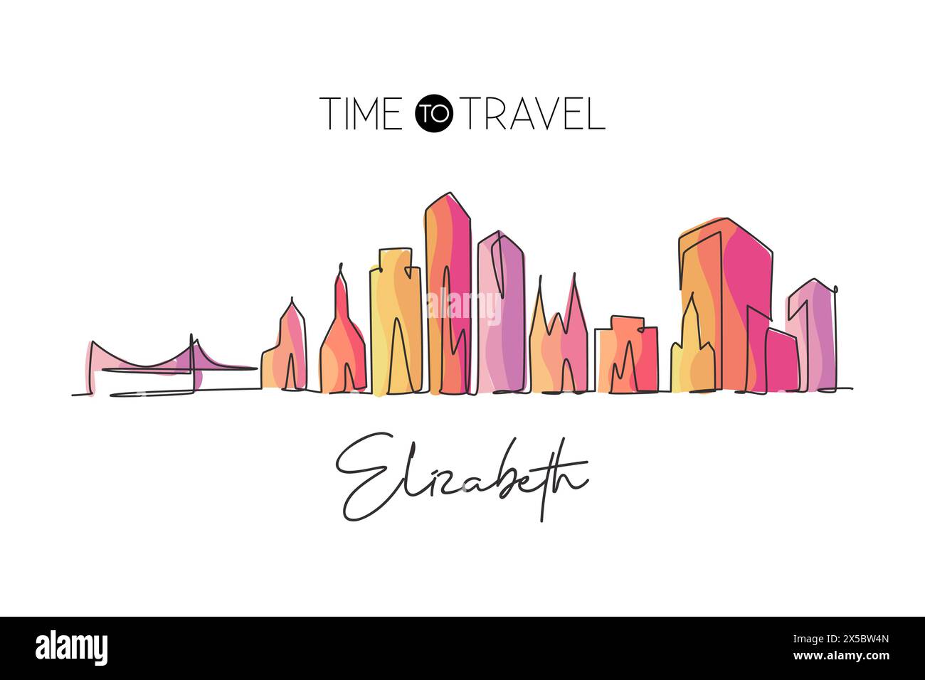 Single continuous line drawing of Elizabeth skyline, New Jersey. Famous ...