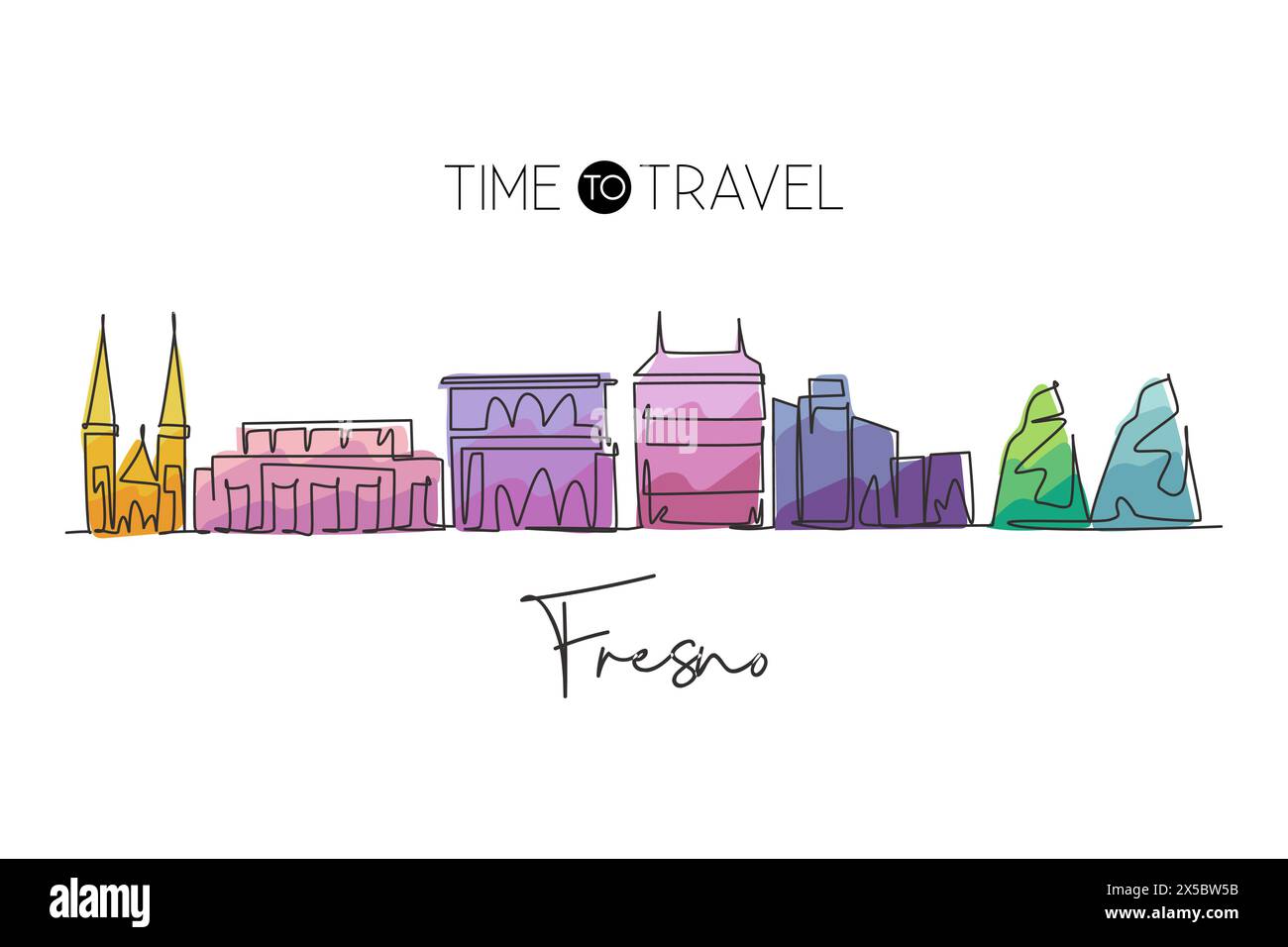 One single line drawing of Fresno city skyline, California. Town ...