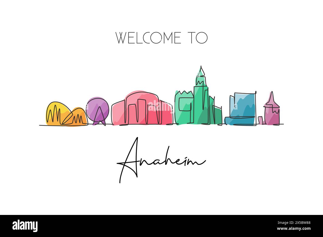One continuous line drawing of Anaheim city skyline, California ...