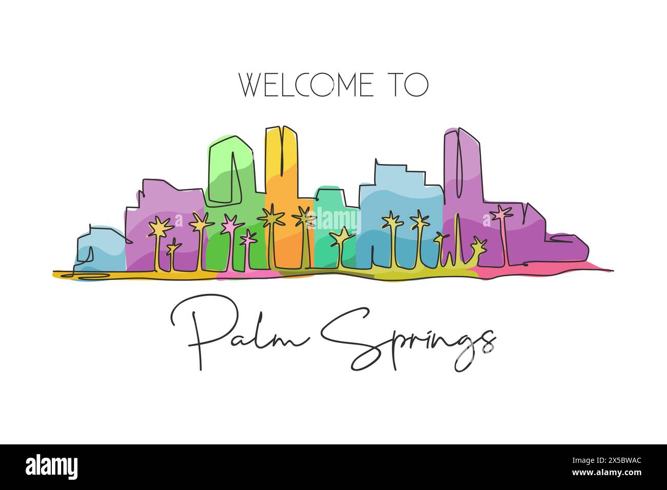 One continuous line drawing Palm Springs city skyline, California ...