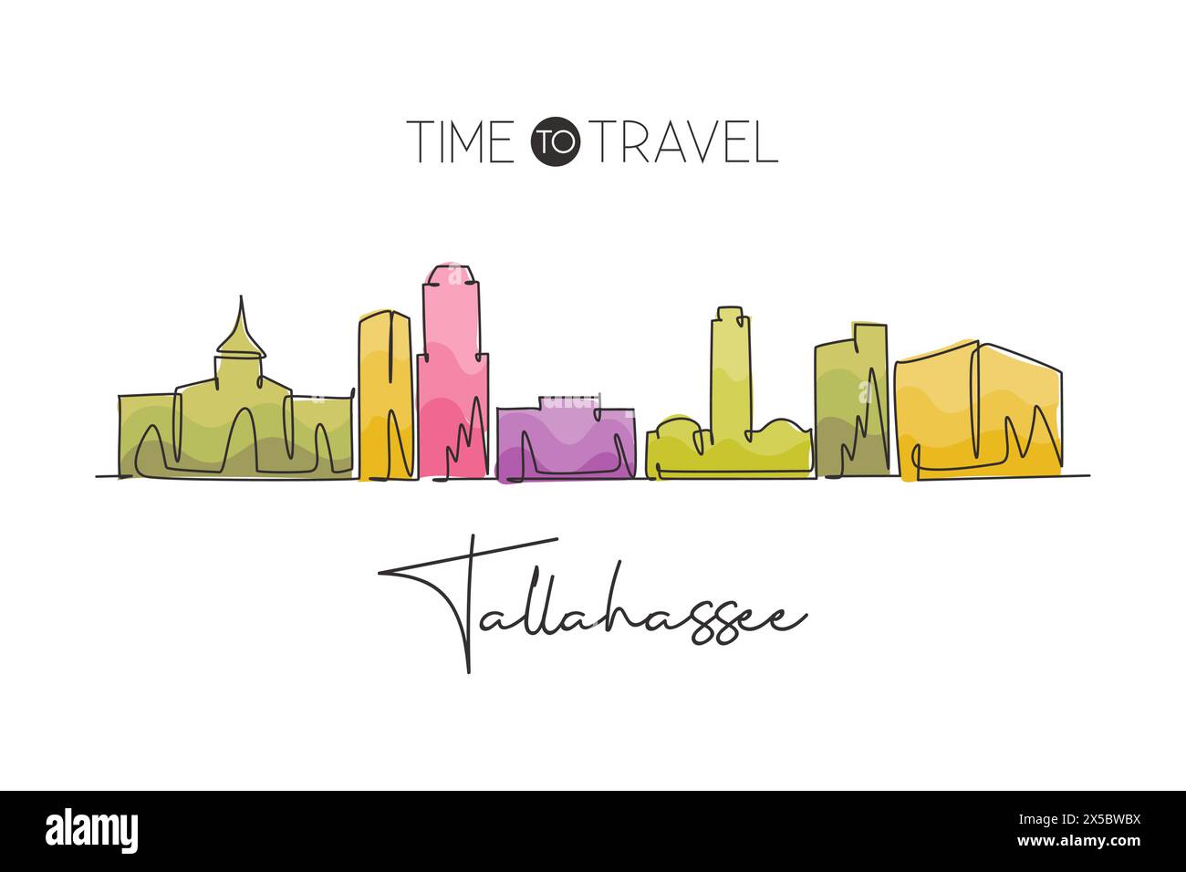 Single continuous line drawing of Tallahassee skyline, Florida. Famous ...