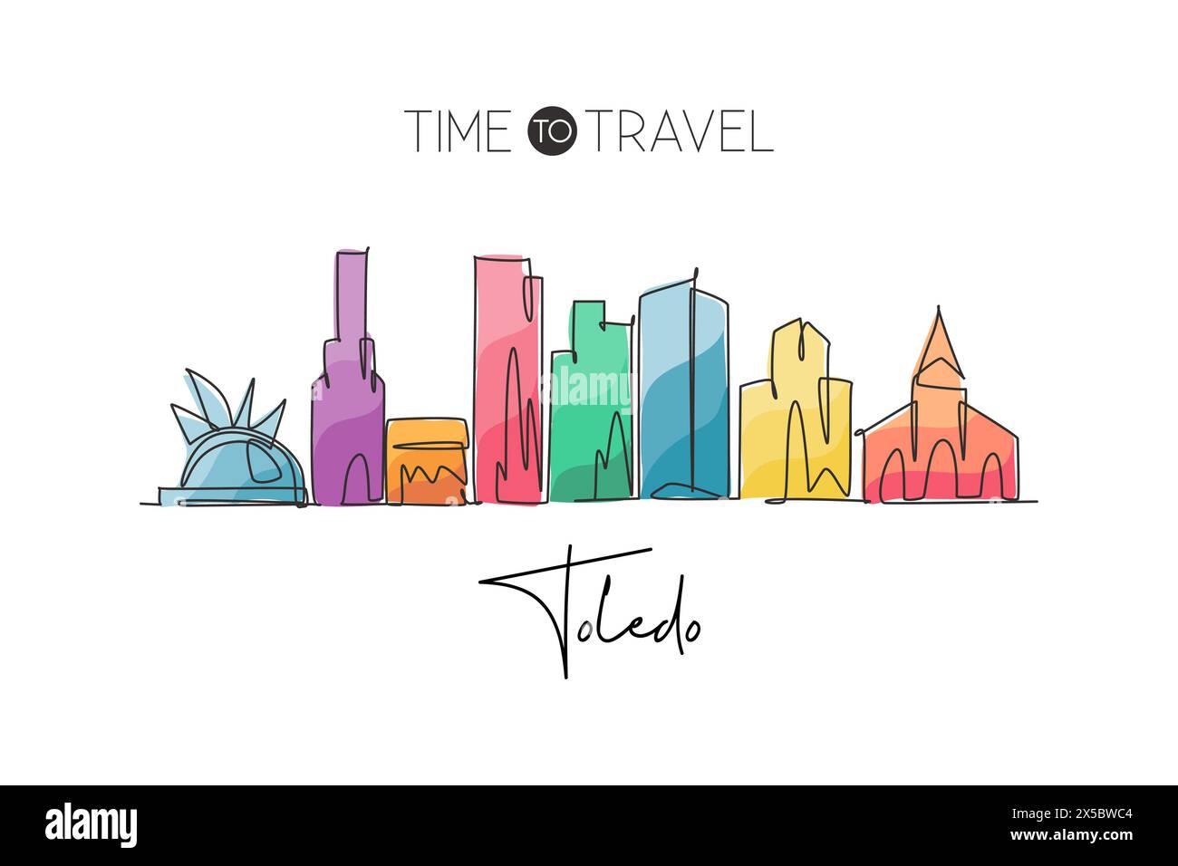 One continuous line drawing of Toledo city skyline, Ohio. Beautiful ...