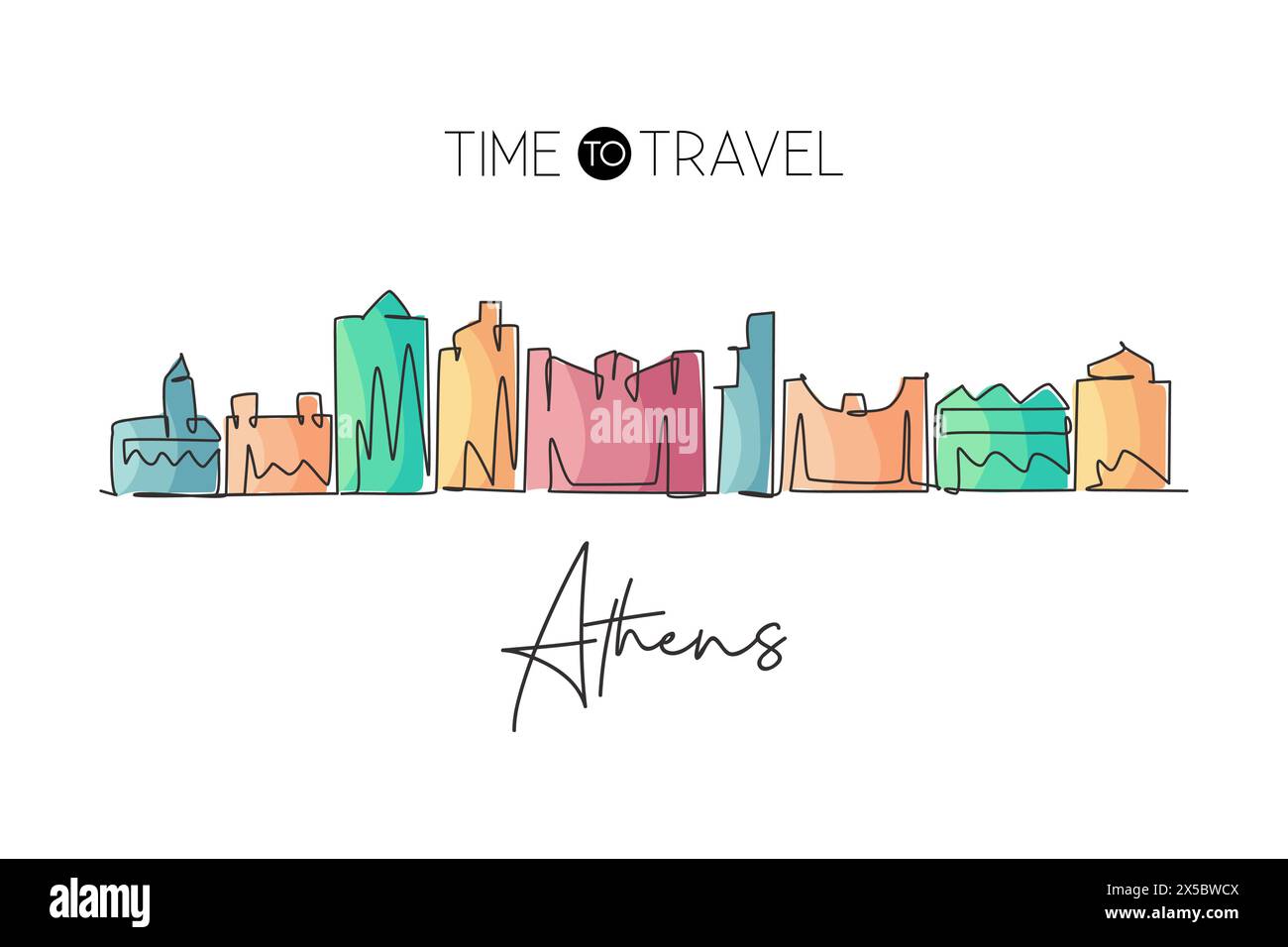 One single line drawing Athens city skyline, Georgia. World historical ...