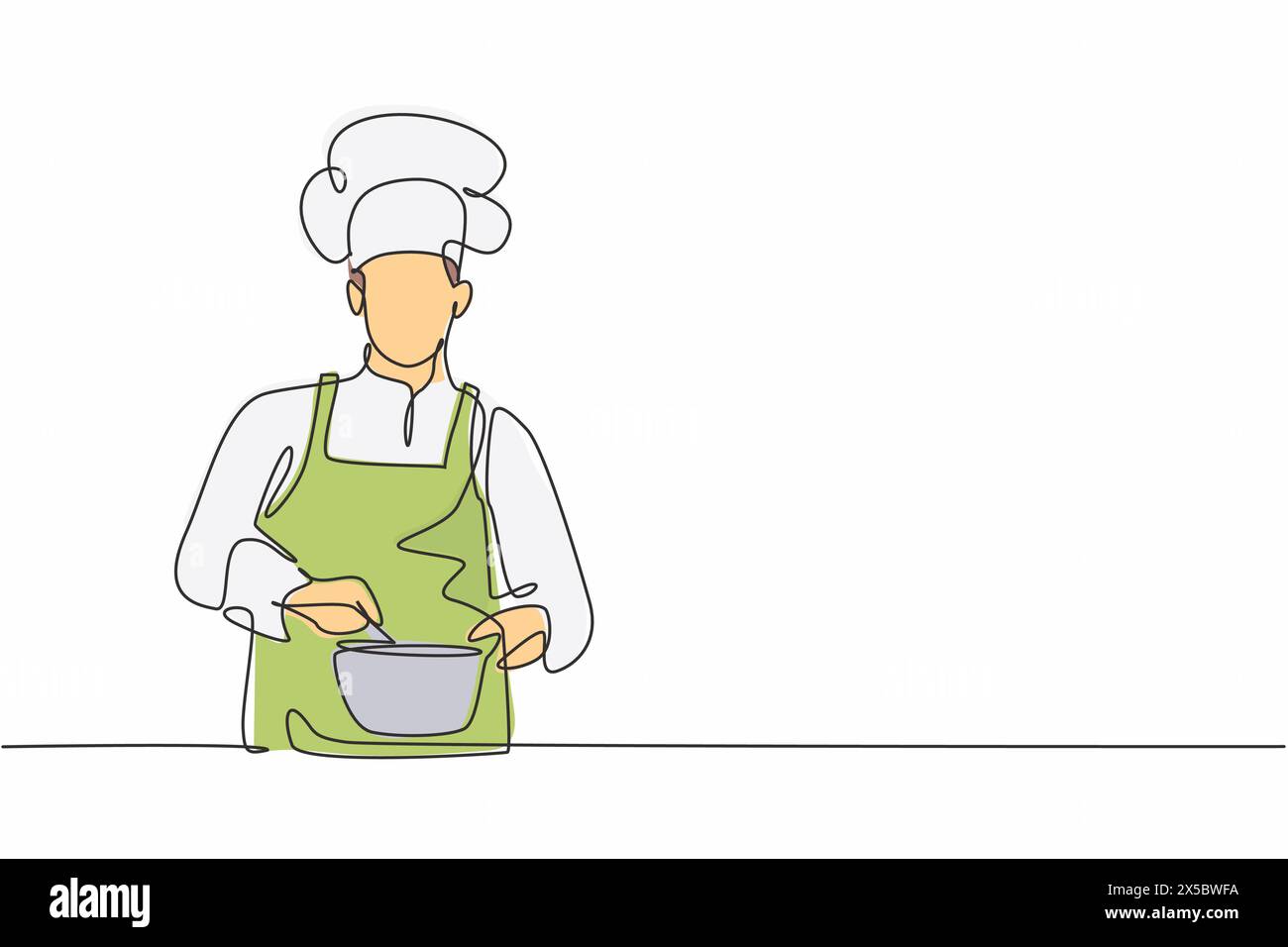 Single one line drawing of young handsome male chef stirring soup on ...