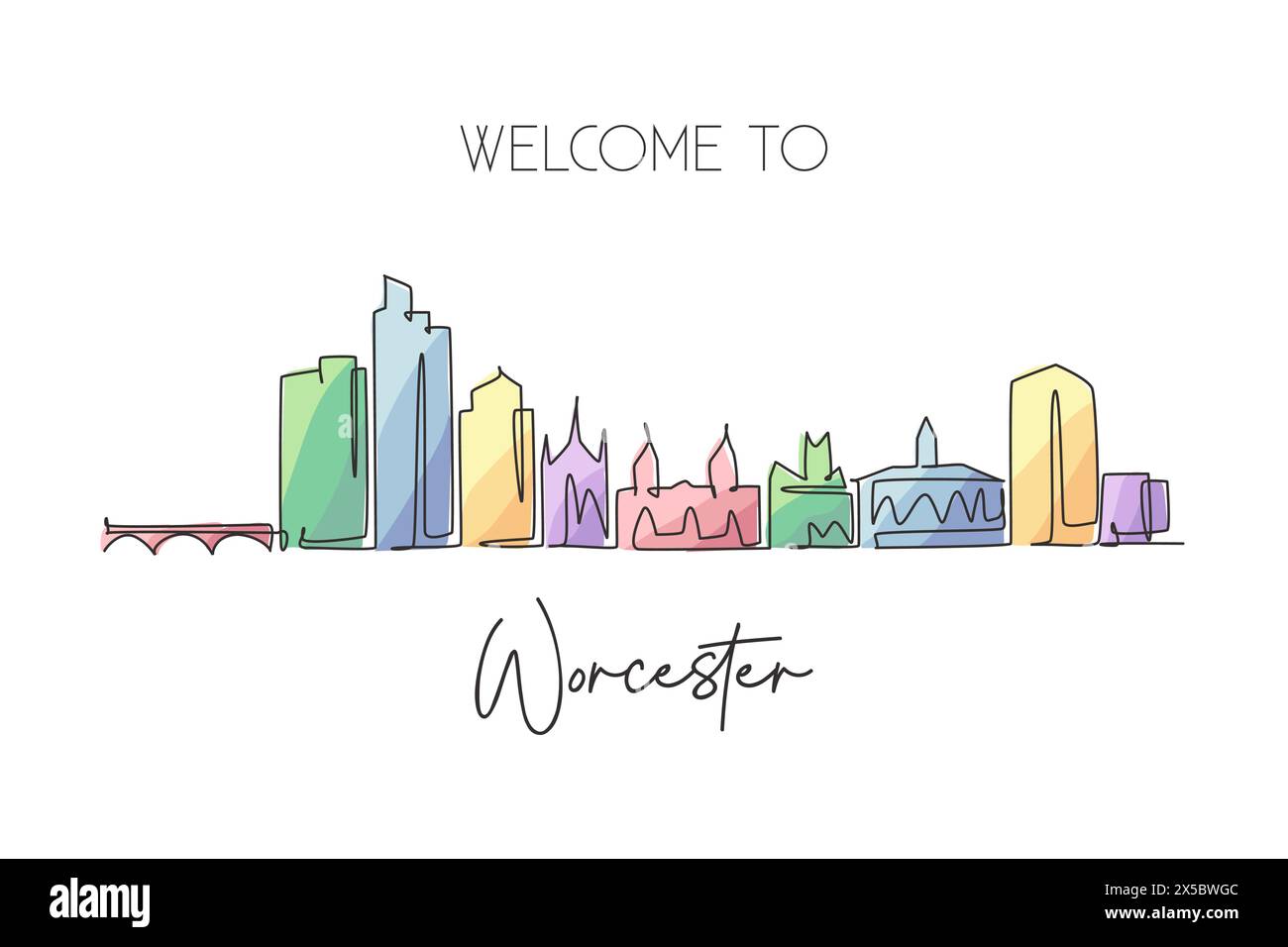 One single line drawing Worcester city skyline, Massachusetts. World ...