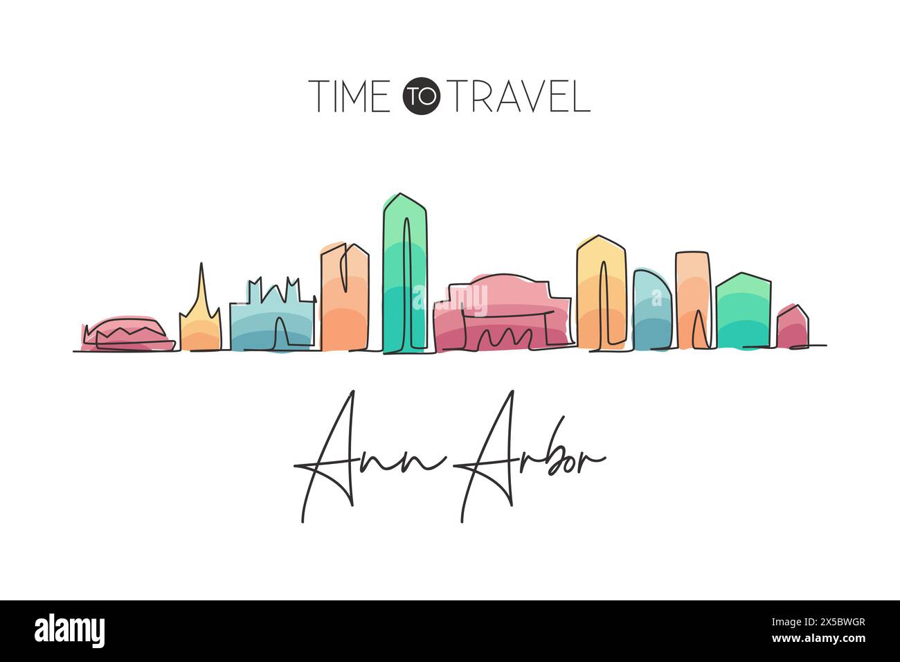 One single line drawing Ann Arbor city skyline, Michigan. World ...