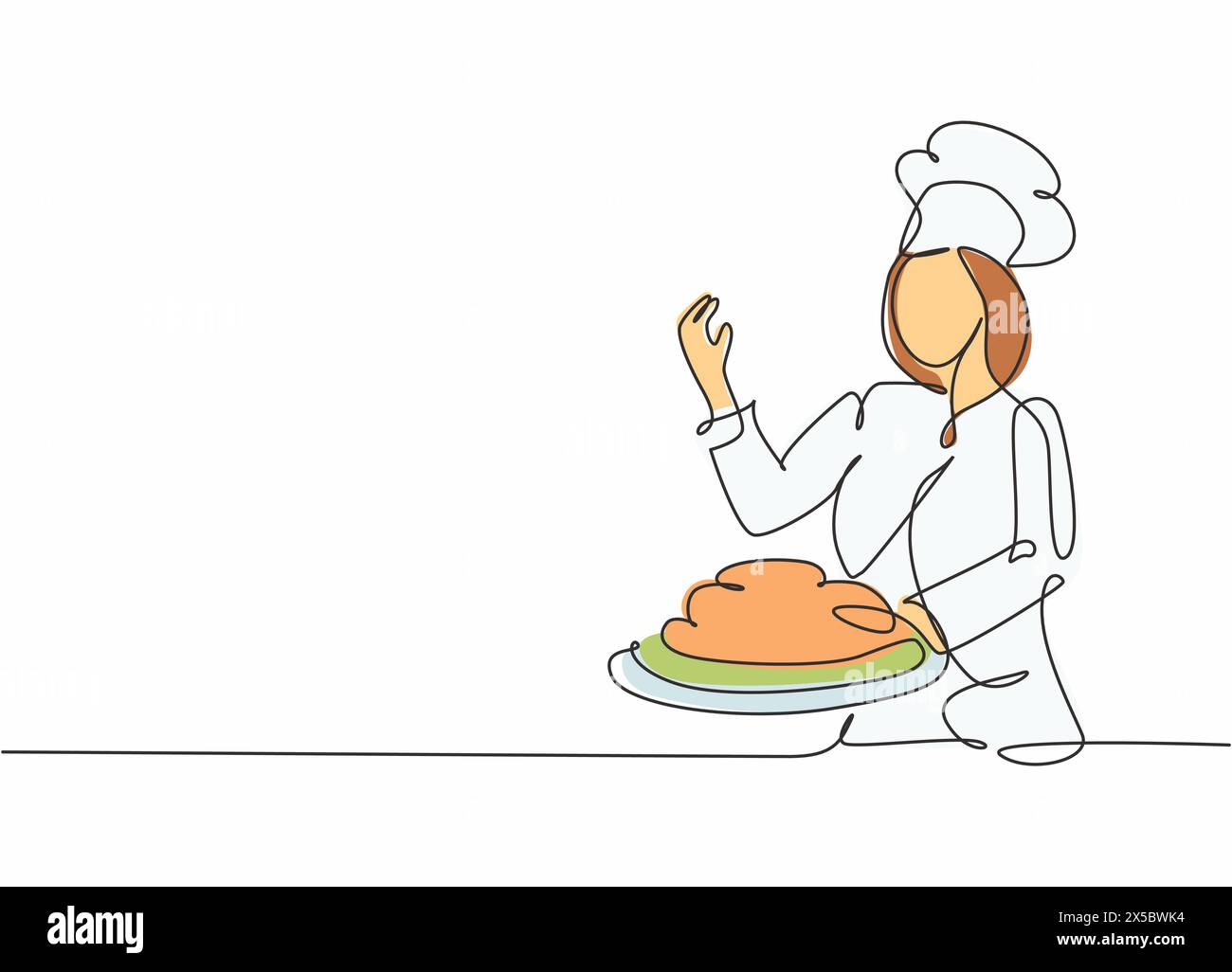 One continuous line drawing of young attractive female chef serving top ...