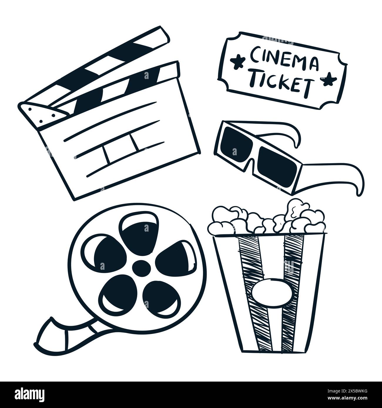 Cinema movie doodle scribble set vector icons. cinema film director scribble objects. cinema ...