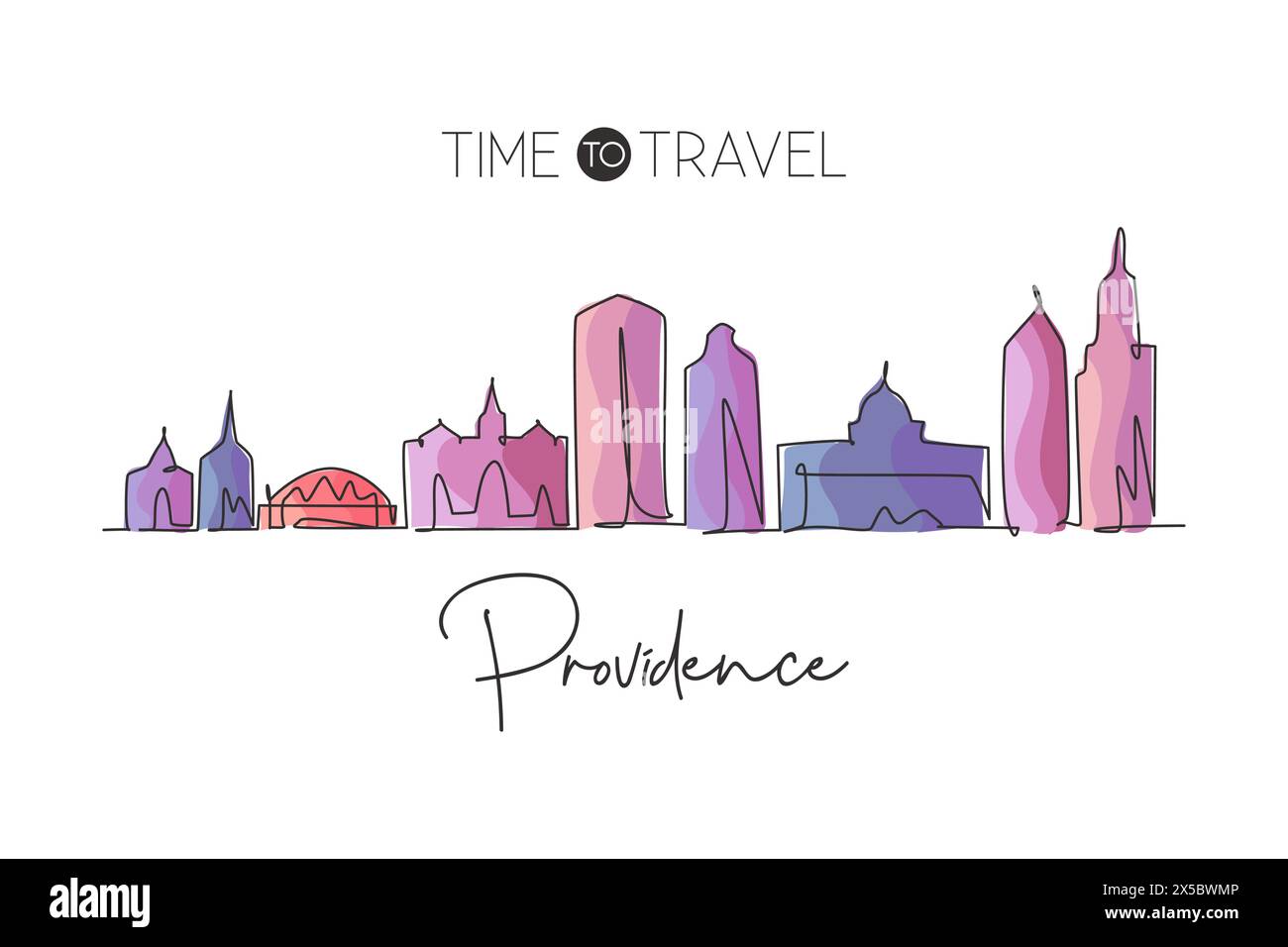 Single continuous line drawing Providence skyline, Rhode Island. Famous ...