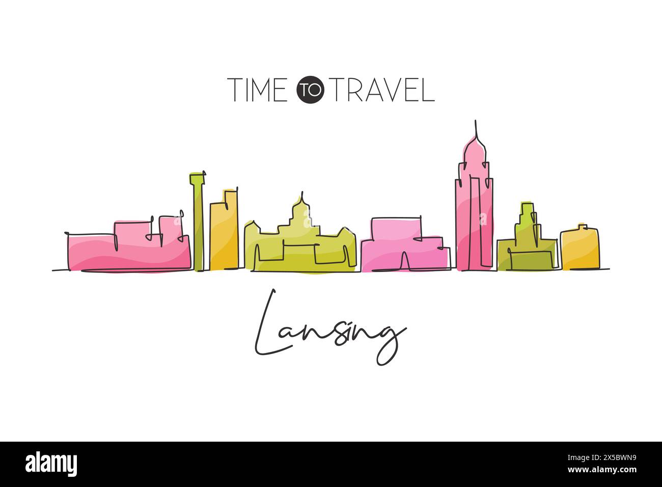 One continuous line drawing of Lansing city skyline, Michigan ...