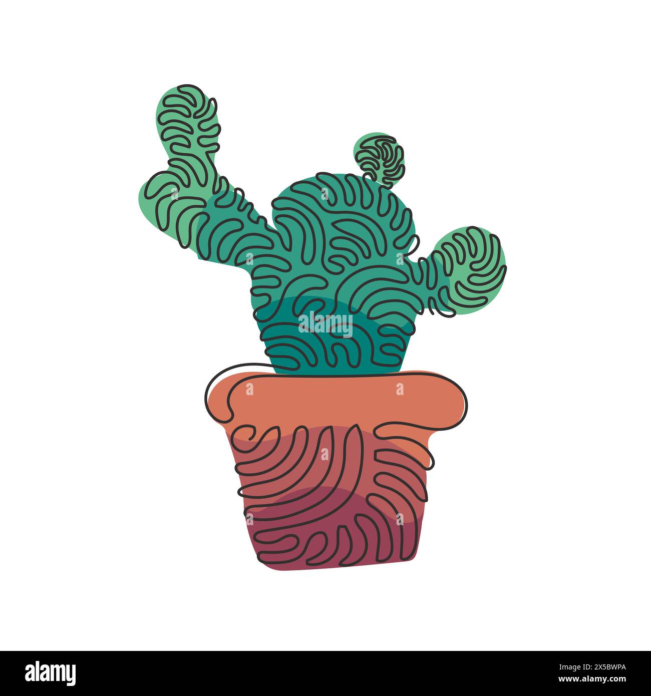 Single continuous line drawing potted tropical prickly cactus plant ...